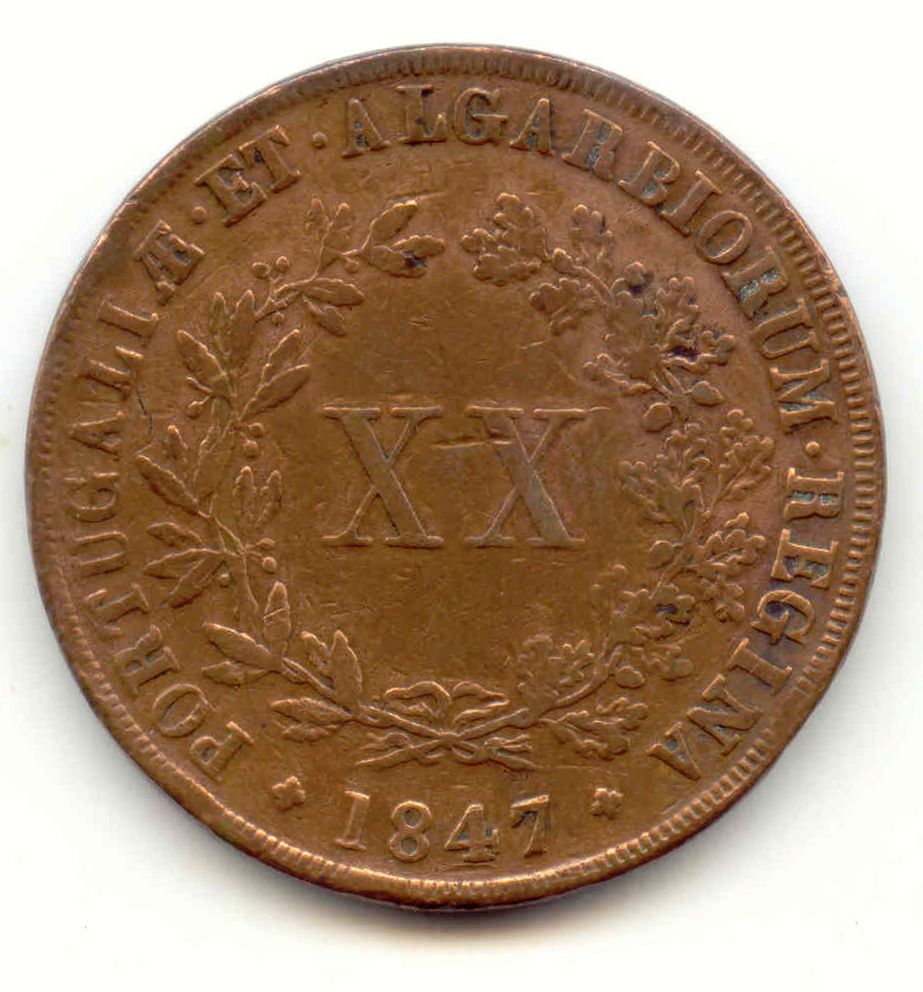 Pecúnia Madeirense, XX réis, 1847, ilha da Madeira – Arquipélagos