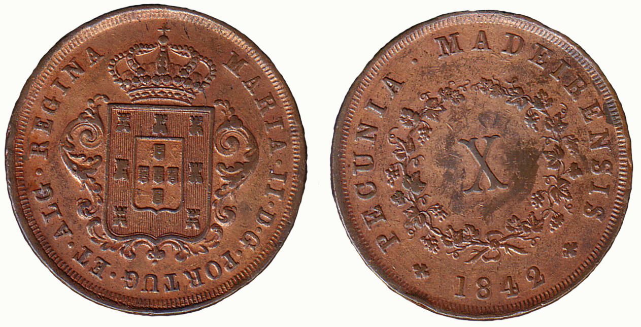 Pecúnia Madeirensis, XX réis, 1842, ilha da Madeira. – Arquipélagos