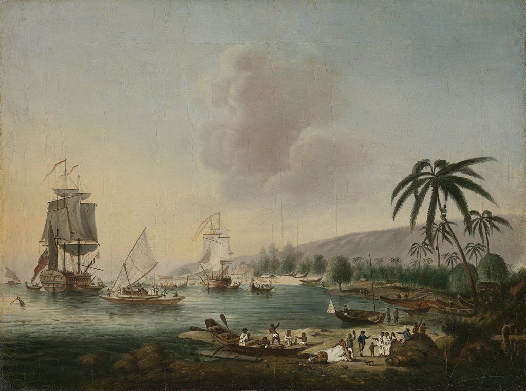 Os navios Resolution e Adventure do captain Cook em Tahiti, John ...