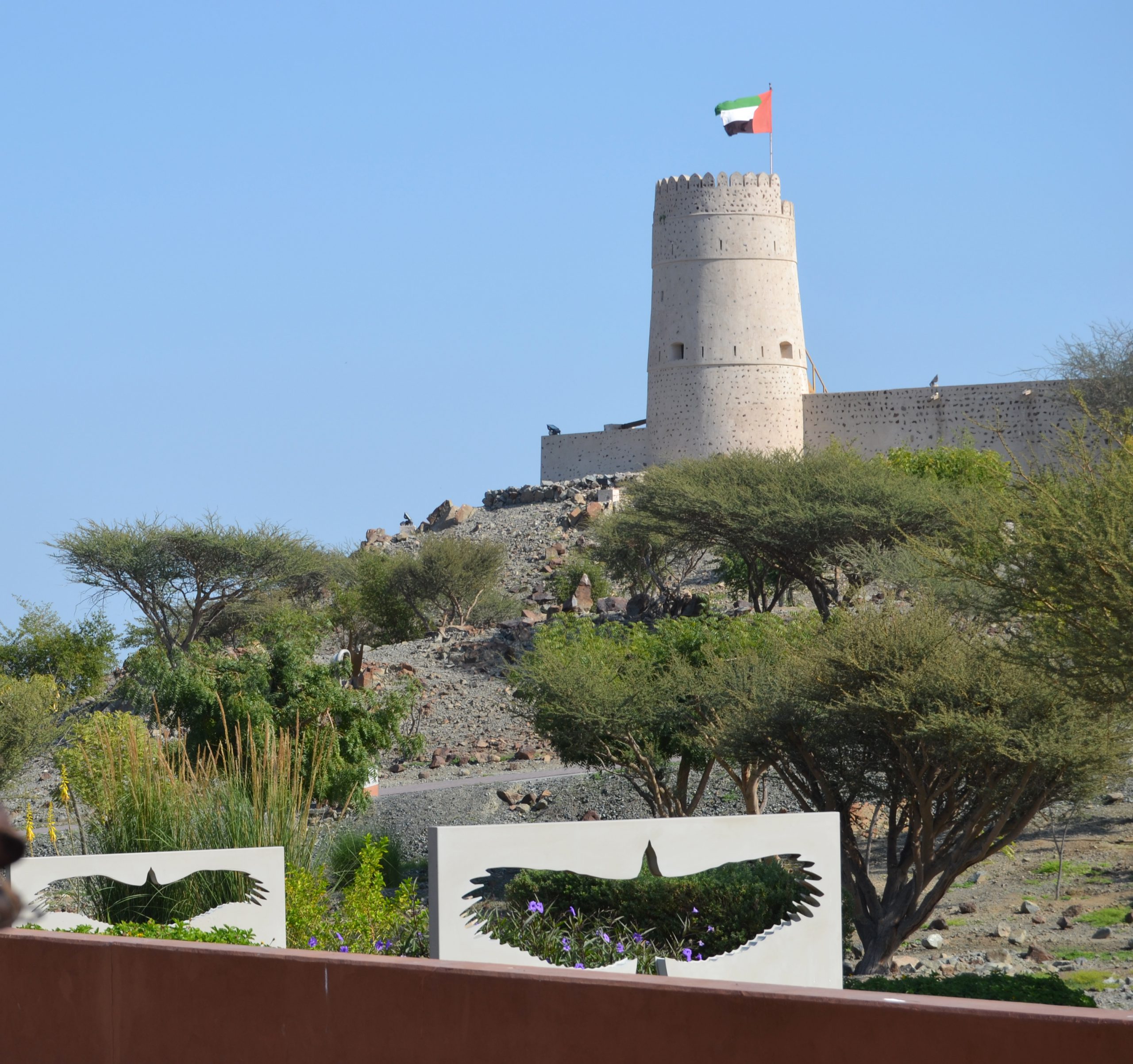 Torre do forte islâmico Gheel ou Al Ghayl Castle sobre o Kalba Bird Of ...