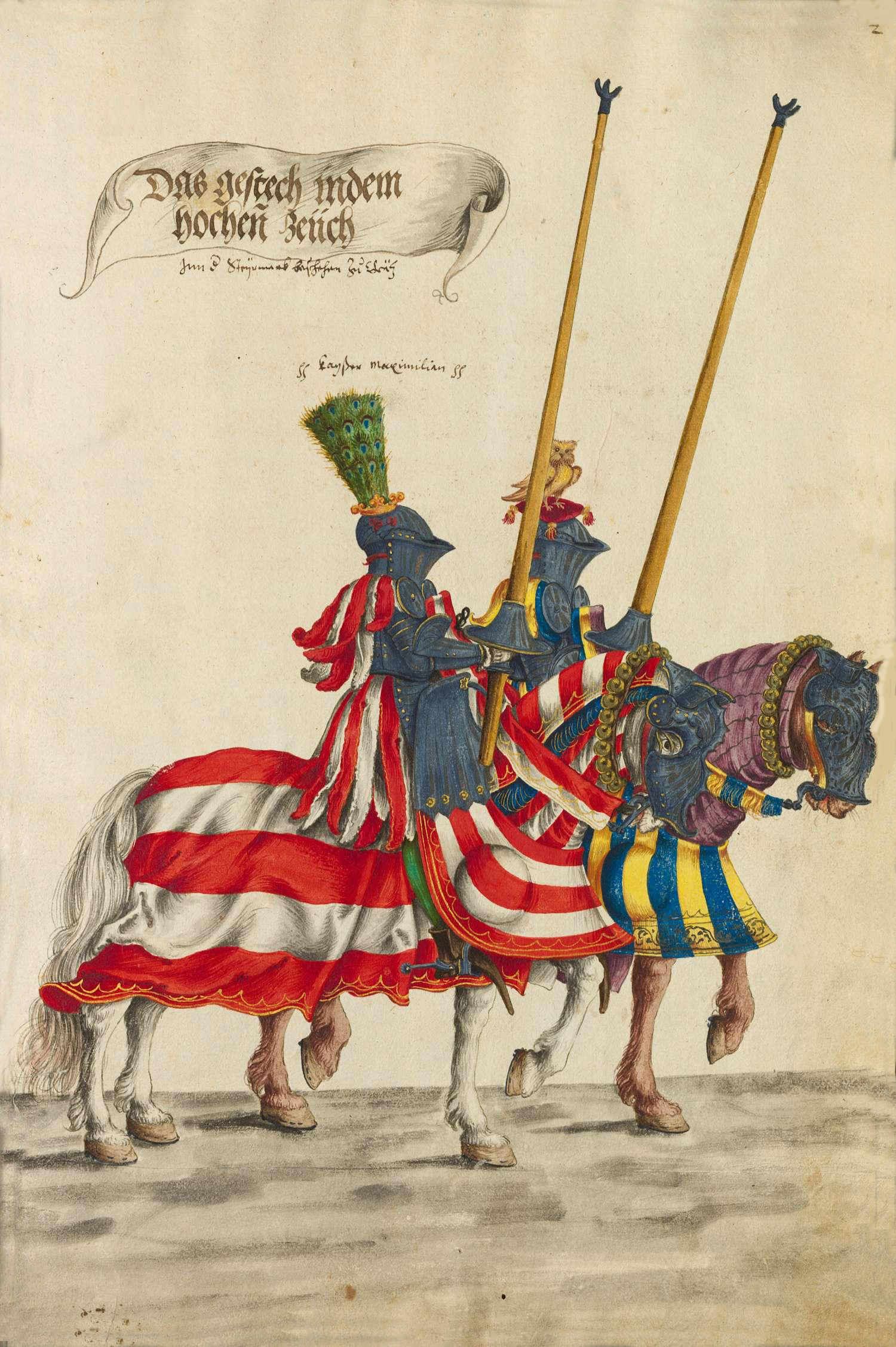 Par de cavaleiros com o conde Rei de Armas do Imperador Maximiliano I ...