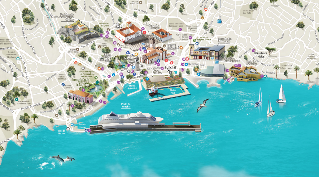 Pormenor do mapa ilustrado do Funchal, APM e IP, dezembro de 2022, ilha ...