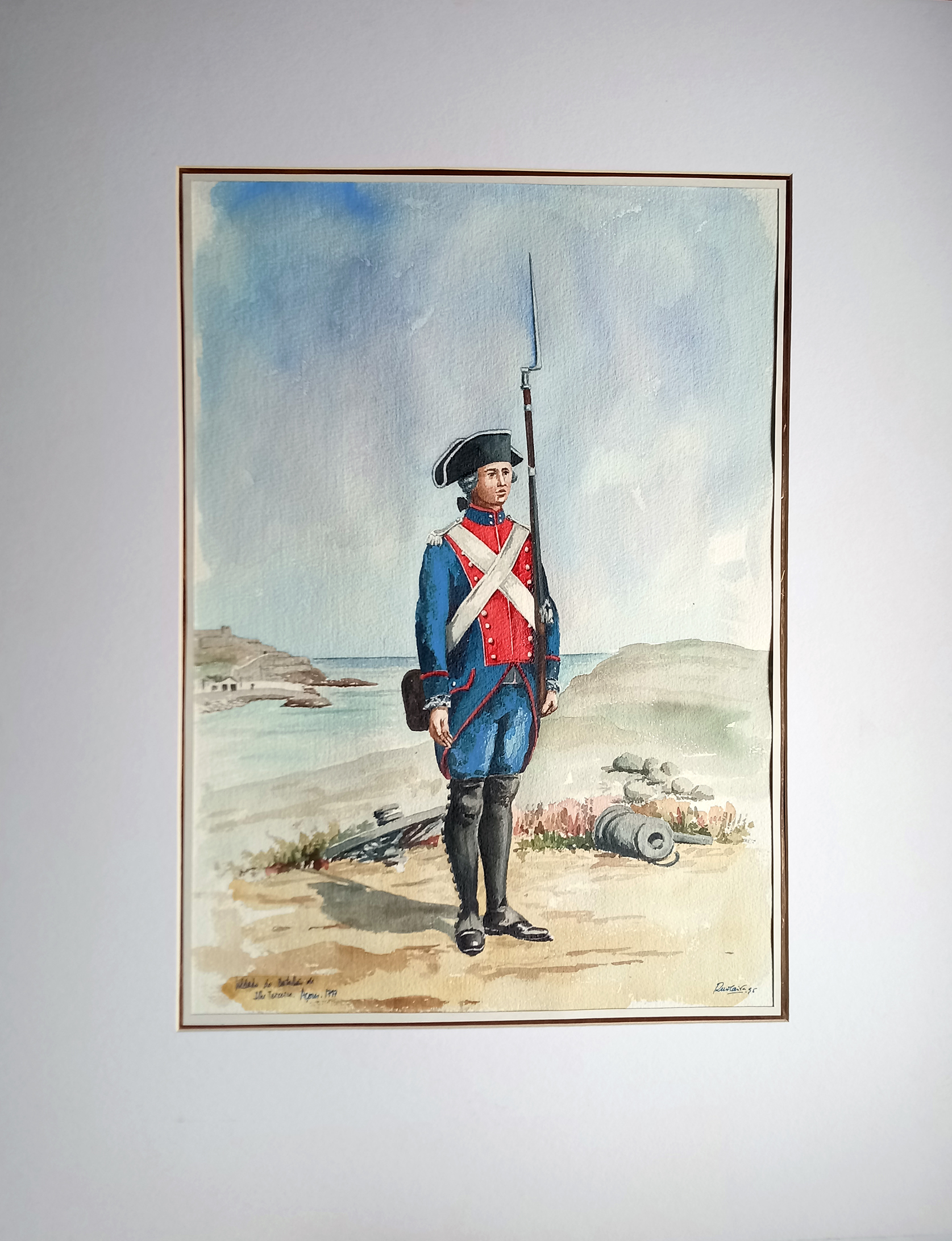Soldado da guarnição da ilha Terceira em 1787, nos Açores, aguarela de ...