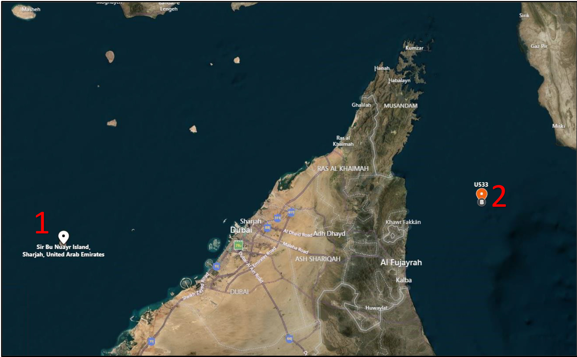 Localização de Sir Bu Nuayr Island (1) e afundamento U 533 (2) em 16 ...