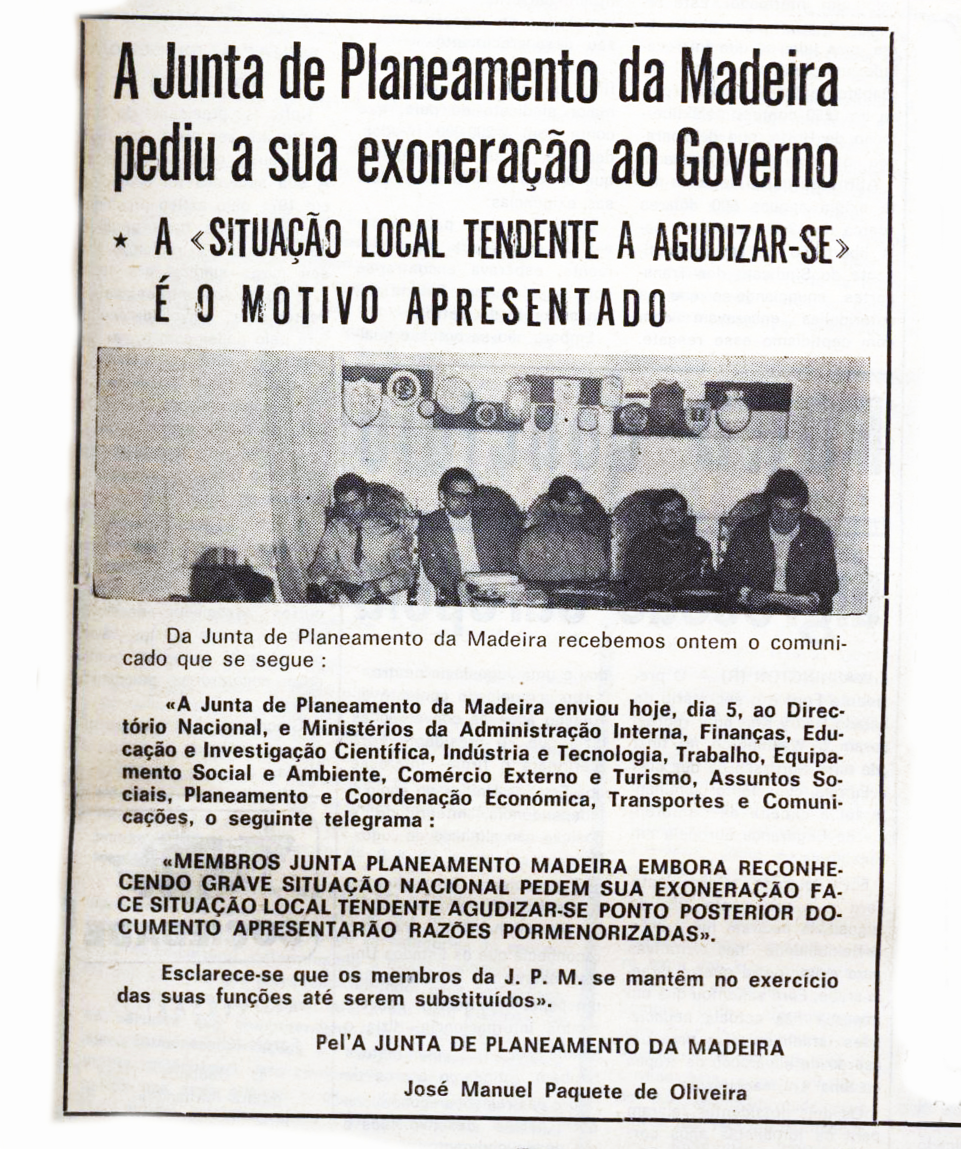 Pedido de exoneração da Junta de Planeamento, “Jornal da Madeira ...